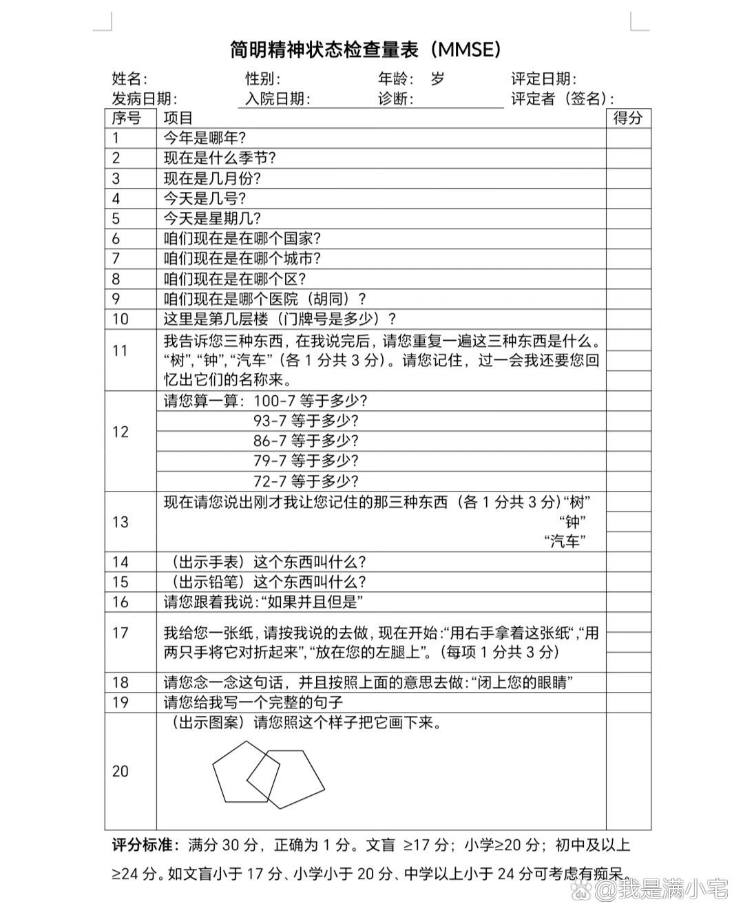 简明精神状态检查表MMSE